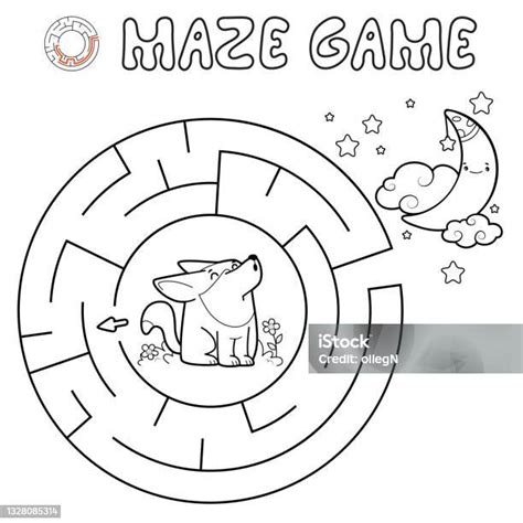 아이들을위한 미로 퍼즐 게임 늑대와 함께 원 미로 또는 미로 게임을 윤곽 벡터 일러스트레이션 미로찾기에 대한 스톡 벡터 아트 및