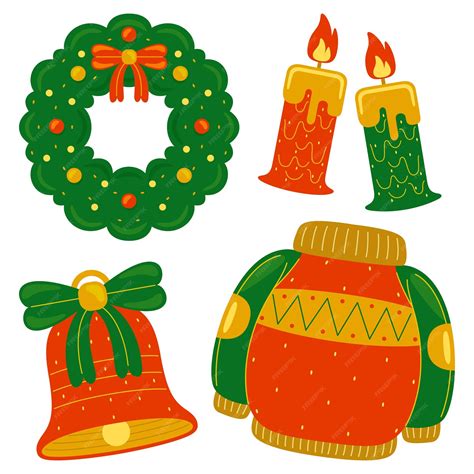 Conjunto De Ilustraciones Planas Vectoriales De Elementos Navideños Vector Premium