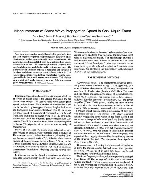 Pdf Measurements Of Shear Wave Propagation Speed In Gas Liquid Foam