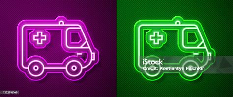 보라색과 녹색 배경에 고립 빛나는 네온 라인 구급차와 응급 자동차 아이콘 구급차 차량 의료 대피 벡터 일러스트레이션 0명에 대한