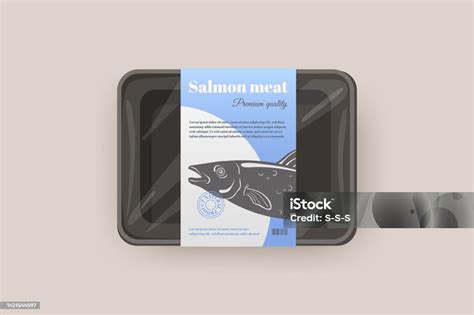 신선한 생선 포장 해산물 브랜딩 패키지 디자인 연어 공예 라벨 모형 플라스틱 트레이 또는 상점 용 식품 용기 바베큐 참치 신선도