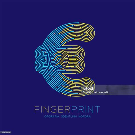 통화 유로 서명 지문 스캔 패턴 로고 대시 라인 디지털 암호 화폐 개념 지문 텍스트와 파란색 배경에 고립 된 편집 가능한 스트로크 그림 벡터 Eps 개성 개념에 대한 스톡