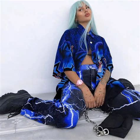 힙합 의류 여성 카모 카고 하이 웨이스트 힙합 바지 쿨 라이트닝 프린트 하이 웨스트 스트레이트 팬츠 루즈 한 바지팬티 And 카프리스 Aliexpress