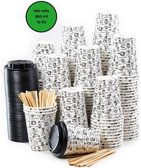 160 Vasos Desechables De Café Para Llevar Vasos Carton 360 Ml 12 Onzas Con Tapas Y Agitadores