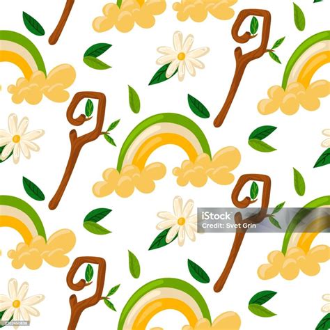 패턴 꽃 봄 데이지 무지개 잎으로 붙입니다 귀여운 손으로 그린 데이지 꽃 무지개 잎이 완벽 한 패턴 배경에 있습니다 패키지 봄의 첫날 성 패트릭의 날 St Patrick