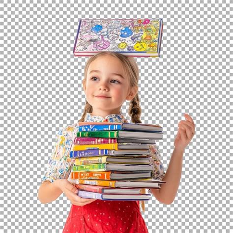 Маленькая девочка с кучей книг на прозрачном фоне Премиум Ai сгенерированный Psd