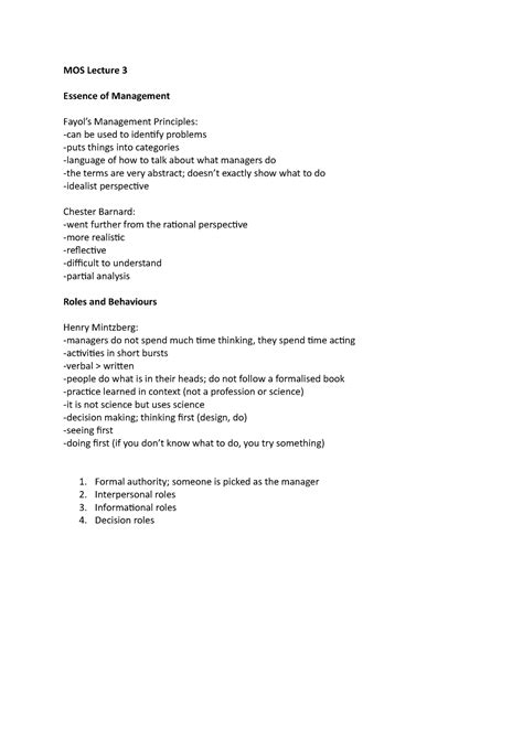 Mos Lecture 3 Notes Mos Lecture 3 Essence Of Management Fayols Management Principles Can Be