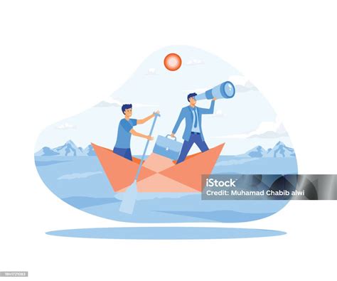 망원경을 통해 바라보는 사업가 바다에서 종이배에 노를 젓고 서 있는 두 명의 사업가 플랫 벡터 현대 일러스트 레이 션 개념에 대한 스톡 벡터 아트 및 기타 이미지 Istock