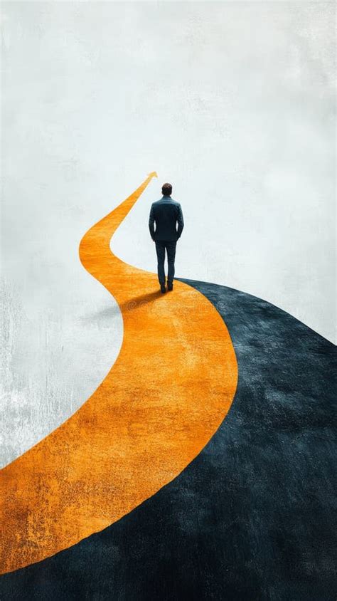 A Man Stands Confidently On A Yellow Arrow Pointing Upward Observing A Curved Path Lined With