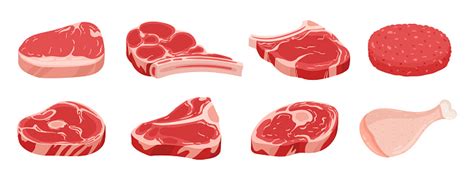 생육 제품 신선한 쇠고기 스테이크 버거 패티와 닭 다리 날고기 음식 평면 벡터 일러스트 레이 션 세트 정육점 제품 갈비 음식에 대한 스톡 벡터 아트 및 기타 이미지 Istock