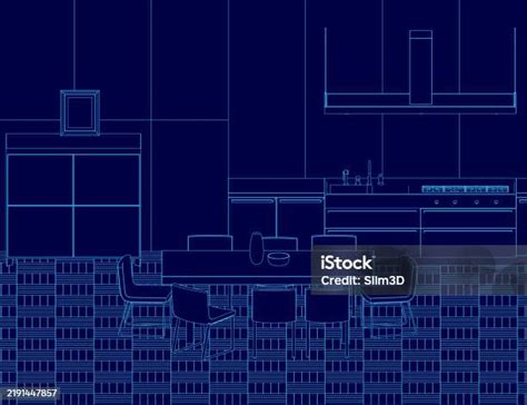 큰 테이블과 의자가 있는 부엌의 파란색 그림입니다 주방은 현대적이고 깨끗하며 배경에 스토브와 오븐이 있습니다 Draft Sports에 대한 스톡 벡터 아트 및 기타
