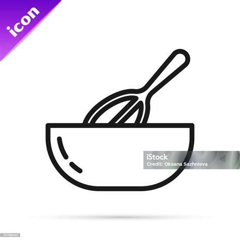 검은 색 라인 부엌 거품기와 흰색 배경에 고립 된 그릇 아이콘 조리 기구 계란 비터 칼 붙이 기호 음식 믹스 기호 벡터 강철에