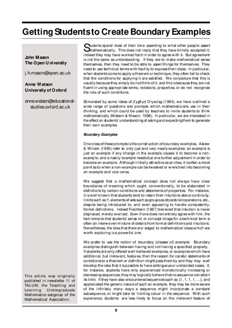 Pdf Getting Students To Create Boundary Examples John Mason