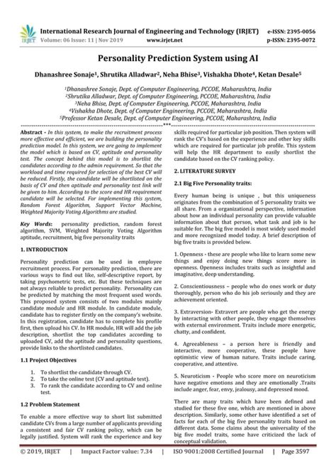 Irjet Personality Prediction System Using Ai Pdf