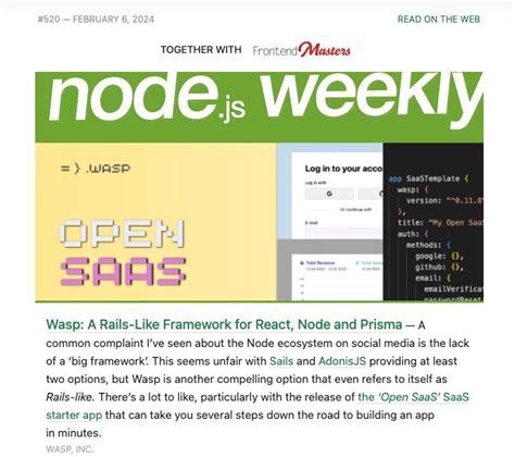 Wasp On Linkedin Open Saas Has Been Featured In Node Weekly One Of The Largest Nodejs