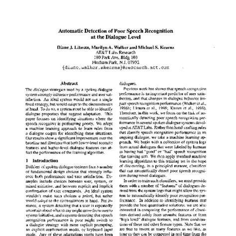 Automatic Detection Of Poor Speech Recognition At The Dialogue Level Acl Anthology