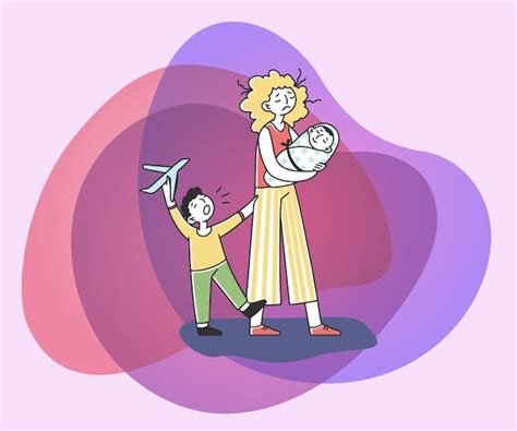 두 자녀와 함께 피곤한 젊은 어머니 평평한 터 일러스트레이션 무료 벡터