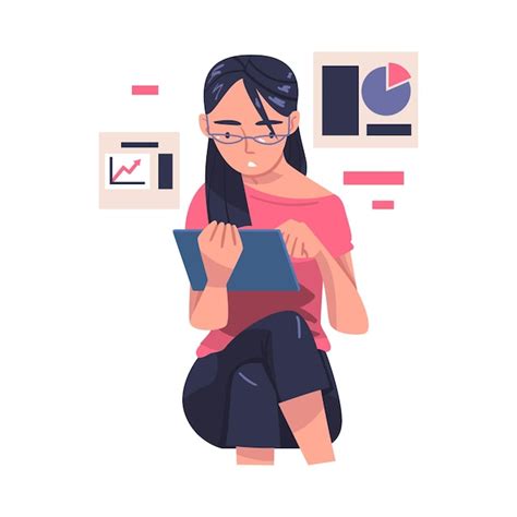 premium vector woman character with tablet pc working with information analyzing data and