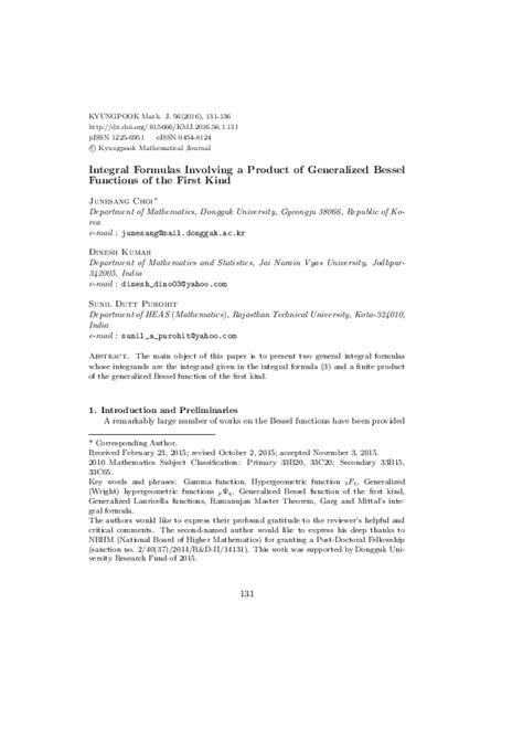 Pdf Integral Formulas Involving A Product Of Generalized Bessel Functions Of The First Kind