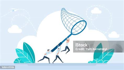 나비 그물을 가진 작은 사람들 사람들은 사업 아이디어를 잡습니다 나비 그물 잡기 아이디어를 가진 만화 플랫 사업가 팀 캐릭터 새로운 프로젝트를 시작하는 팀워크 벡터 플랫