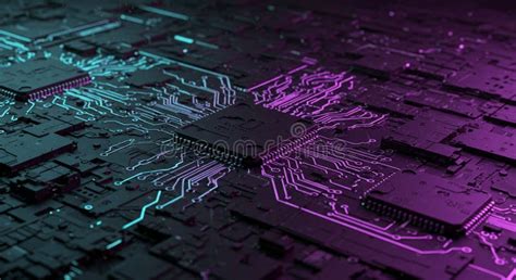 Futuristic Circuit Board With Illuminated Pathways Featuring A Network Stock Illustration