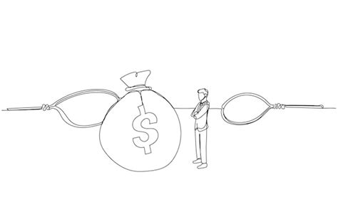 함정 사이에 서 있는 큰 돈 가방을 들여다보는 사업가의 그림 단일 연속 라인 아트 스타일 프리미엄 벡터