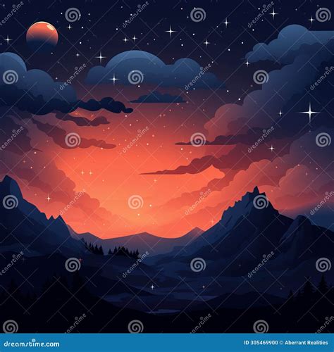 Vector Illustration Of Night Sky With Mountains And Stars Stock