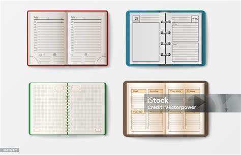 오픈 현실적인 노트북 페이지 일기 사무실 시트 템플릿 책자와 빈 종이 교육 카피북 주최자 벡터 일러스트 레이 션의 설정 책에 대한 스톡 벡터 아트 및 기타 이미지 Istock
