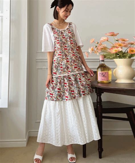 면 코튼 레이어드 꽃 플라워 프릴 레이스 어린이집 선생님 앞치마 에이프런 미디 원피스