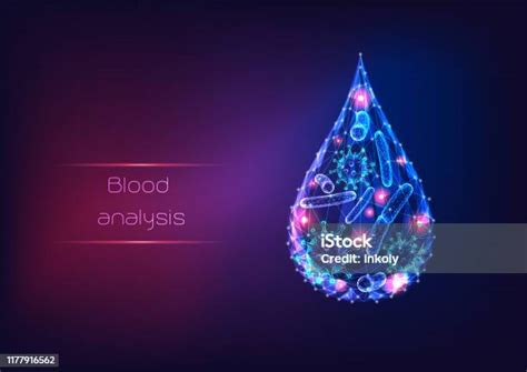 혈액 또는 물 방울의 내부 미래 빛나는 낮은 다각형 미생물 바이러스와 박테리아 3차원 형태에 대한 스톡 벡터 아트 및 기타 이미지 3차원 형태 개념 건강 검진