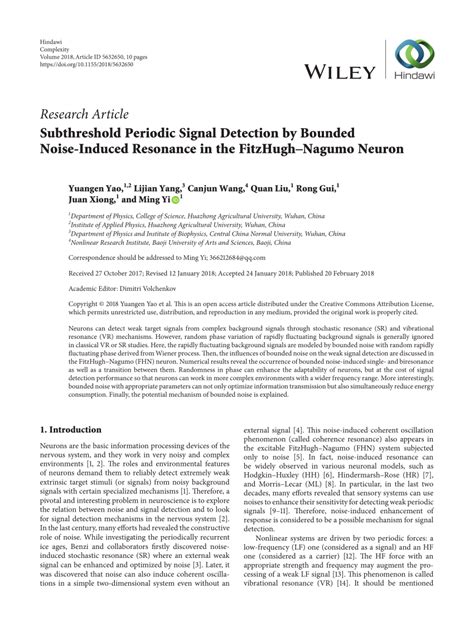 Pdf Subthreshold Periodic Signal Detection By Bounded Noise Induced Resonance In The Fitzhugh