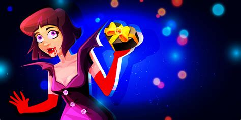 만화 스타일의 할로윈 개념입니다 복사 공간이 있는 추상적인 화려한 밤 배경에 선물을 주는 아름다운 뱀파이어 소녀 크리에이 티브 크리스마스 카드 10월에 대한 스톡 벡터 아트