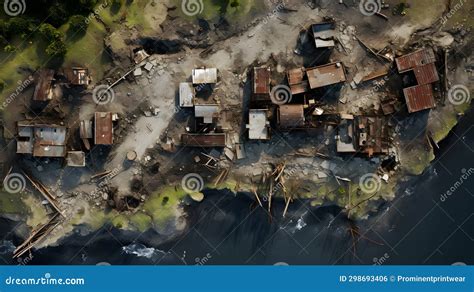 Bird S Eye View Of Smoking Ruins Of Deserted Destroyed Houses Stock