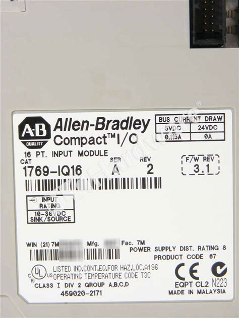 PLC Hardware Allen Bradley 1769 IQ16 CompactLogix DC Input Module 16 Point