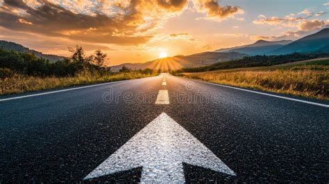 This Road Has An Arrow Pointing Forward Towards The Sunrise