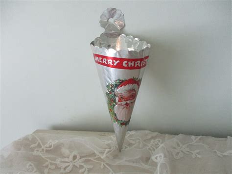 Vintage Christmas Cornucopia Decoration With Santa Claus Aluminum C1950
