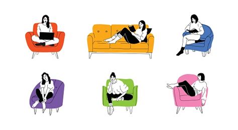 안락 의자에 앉아있는 소녀들 집에서 소파 의자 소파에 노트북이나 책을 가진 여자 프리랜서 또는 학습 개념 여성 캐릭터 노트북을 사용하여 온라인 채팅 휴식 가구에 대한 스톡