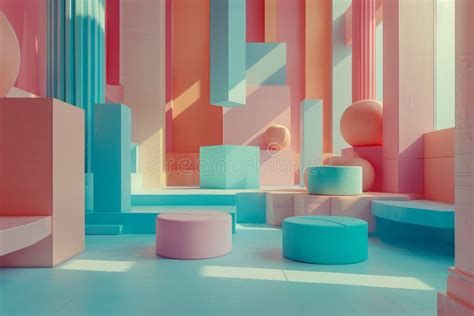Vibrant Abstract Minimalist Pastel Shapes Installation In Surreal Artistic Virtual Space For