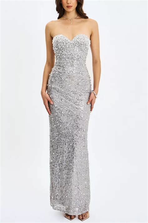 Miss Circle Noelle Sequin Pearl Embellished Sweetheart Maxi Dress
