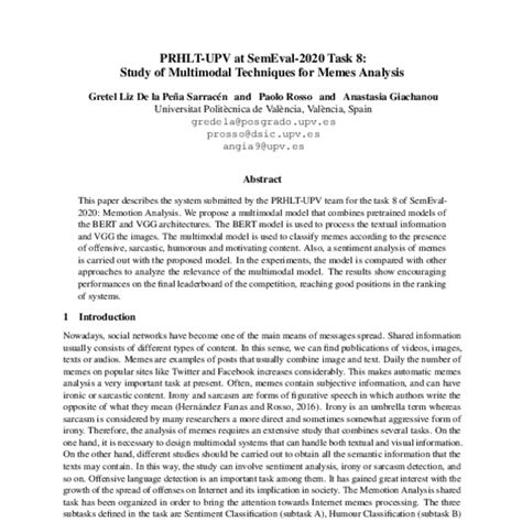 PRHLT UPV At SemEval Task Study Of Multimodal Techniques For Memes Analysis ACL Anthology