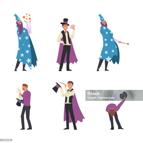 무대 벡터 세트에서 다른 마술 트릭을 수행하는 모자를 쓴 남자 마술사 모자 모자류에 대한 스톡 벡터 아트 및 기타 이미지 모자 모자류 남자 공연 Istock