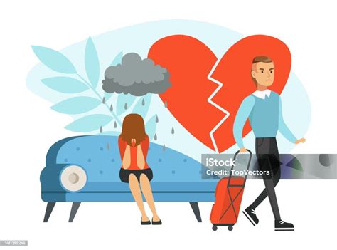 소파에서 우는 여자와 이혼 별거 및 가족 붕괴 여행 가방을 가진 남자 집을 떠나는 벡터 일러스트 레이 션 결별에 대한 스톡 벡터 아트 및 기타 이미지 Istock
