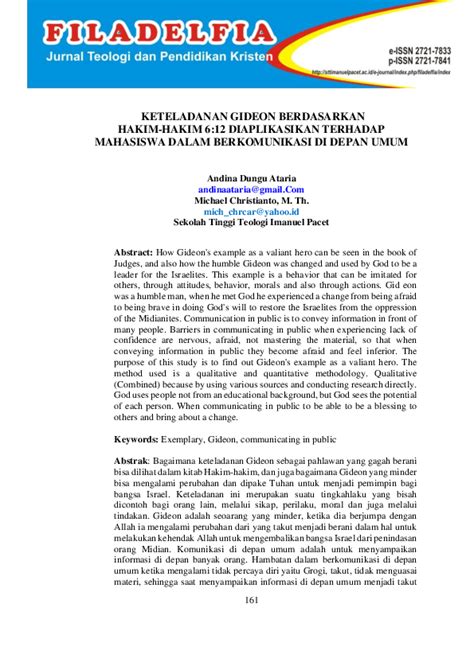 Pdf Keteladanan Gideon Berdasarkan Hakim Hakim 6 12 Diaplikasikan Terhadap Mahasiswa Dalam