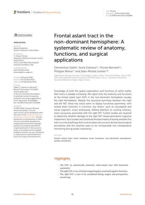 Pdf Frontal Aslant Tract In The Non Dominant Hemisphere A Systematic