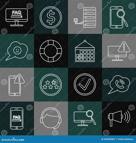 Set Line Megaphone Speech Bubble With Call Monitor Exclamation Mark Server Lifebuoy Sad