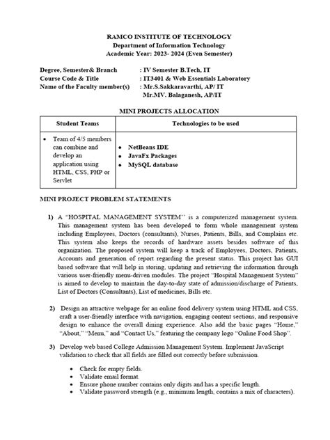 It3401 Web Essentials Mini Project Problem Statement Pdf World