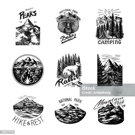 산봉우리와 곰과 토끼 또는 토끼 숲 나무와 텐트와 태양 전나무가 있는 자연 풍경 캠핑 로고 라벨 모험 배지 새겨진 윤곽선 스타일로 손으로 그린 오래된 빈티지 스케치 에칭에