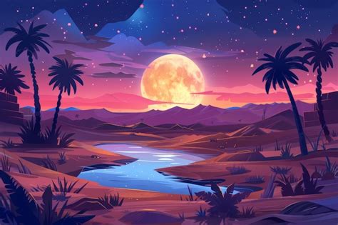 Premium Photo Desert Oasis Under Full Moon Starry Sky Cartoon Landscape River Sand Dunes Palm