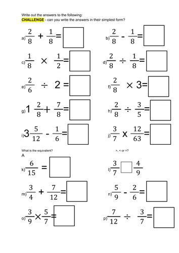Four Operations Fractions Worksheet With Answers Teaching Resources