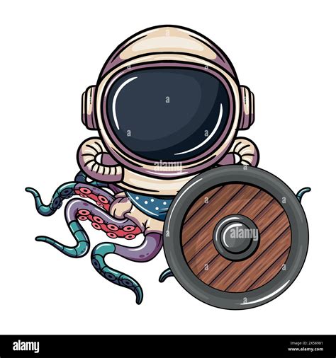 Cartoon Octopus Cyborg Astronaut Character With Protection Shield Illustration For Fantasy